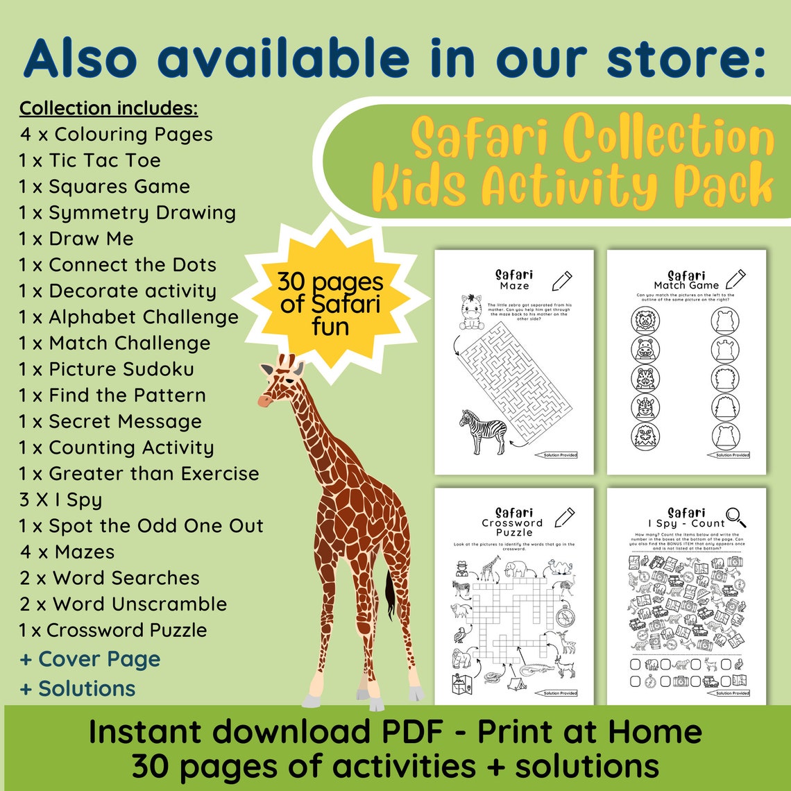 SAFARI Printable Activity Placemat, Activities for Kids, Word Find ...