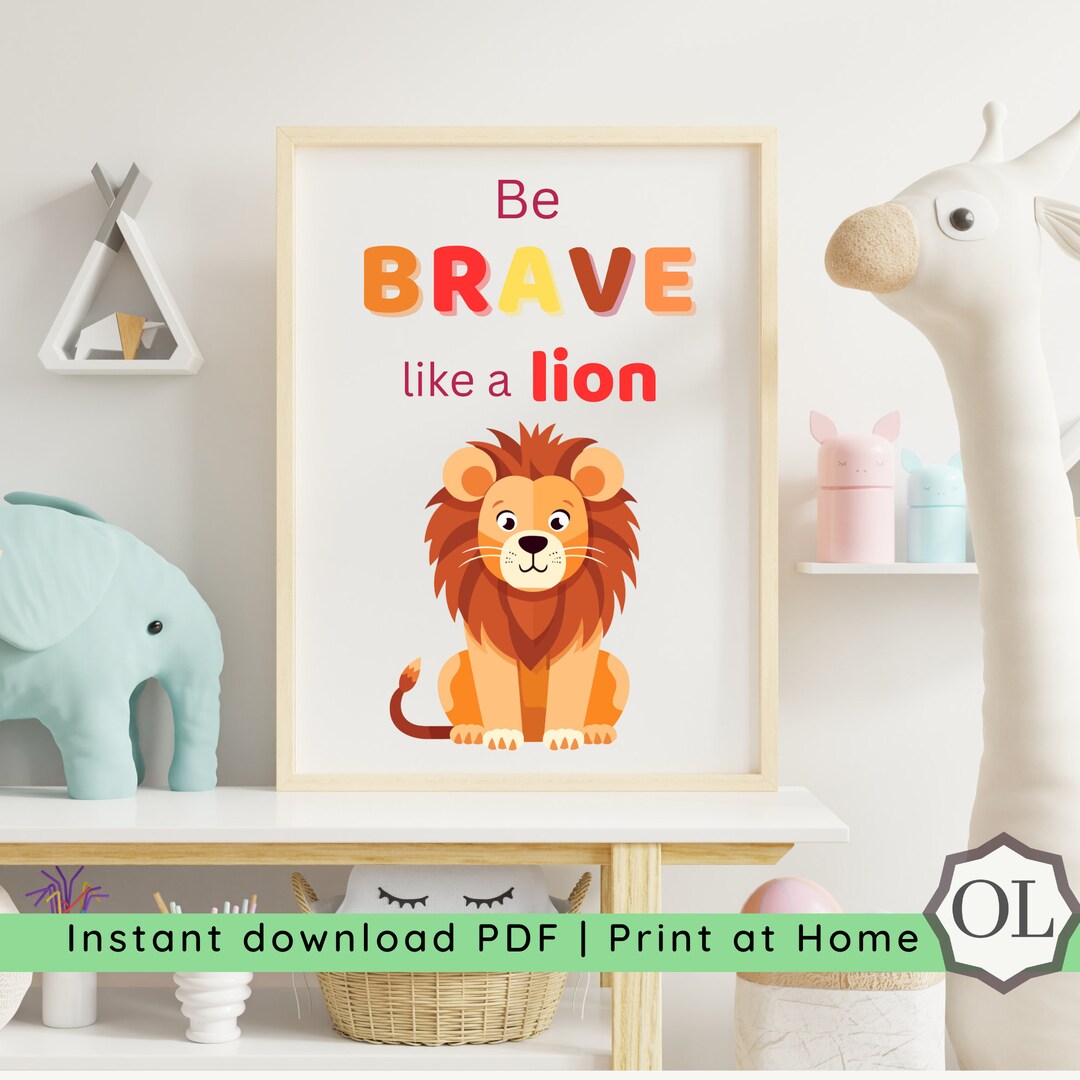Kids Poster, BRAVE Like a LION Inspirational Quote, Wall Art Print ...