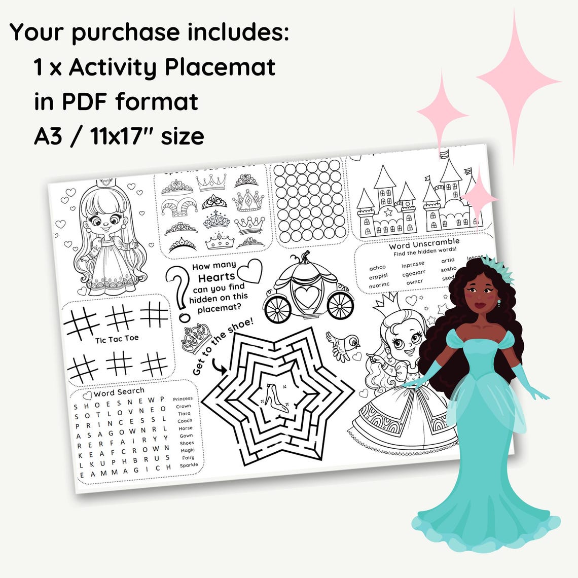 PRINCESS Printable Activity Placemat, Activities for Kids, Word Find ...