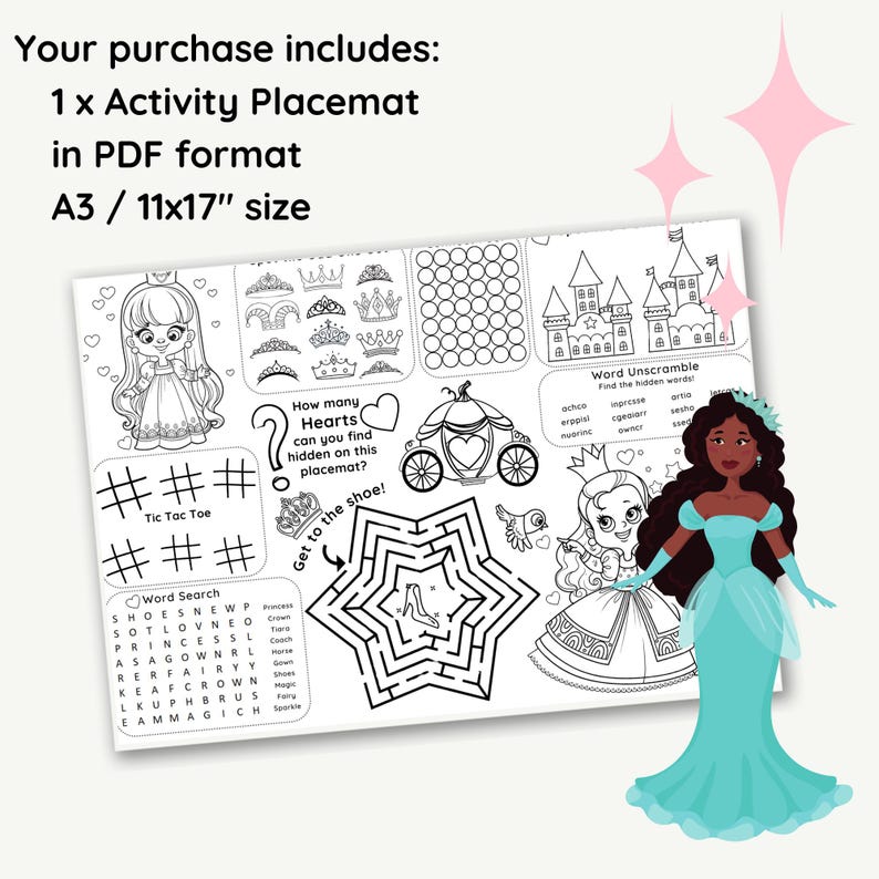 PRINCESS Printable Activity Placemat, Activities for Kids, Word Find ...
