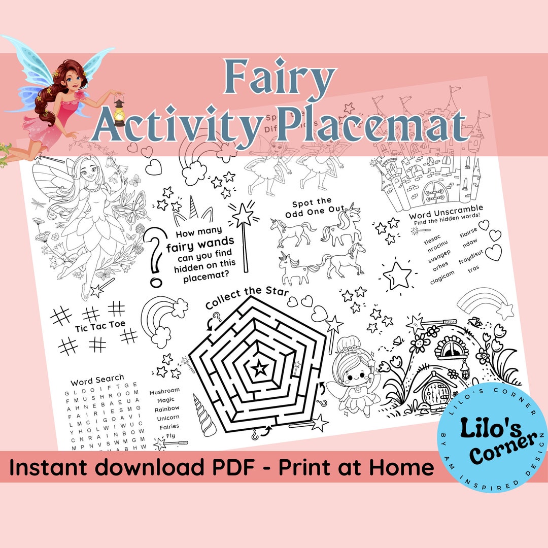 FAIRY Printable Activity Placemat, Activities for Kids, Word Find ...