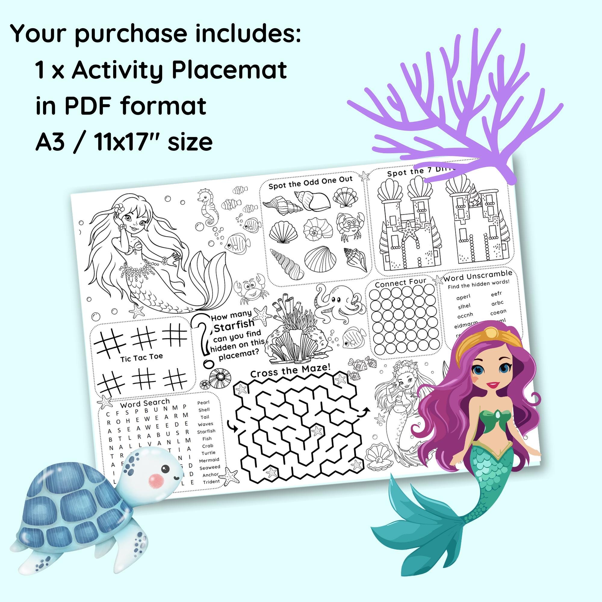 MERMAID Printable Activity Placemat, Activities for Kids, Word Find ...