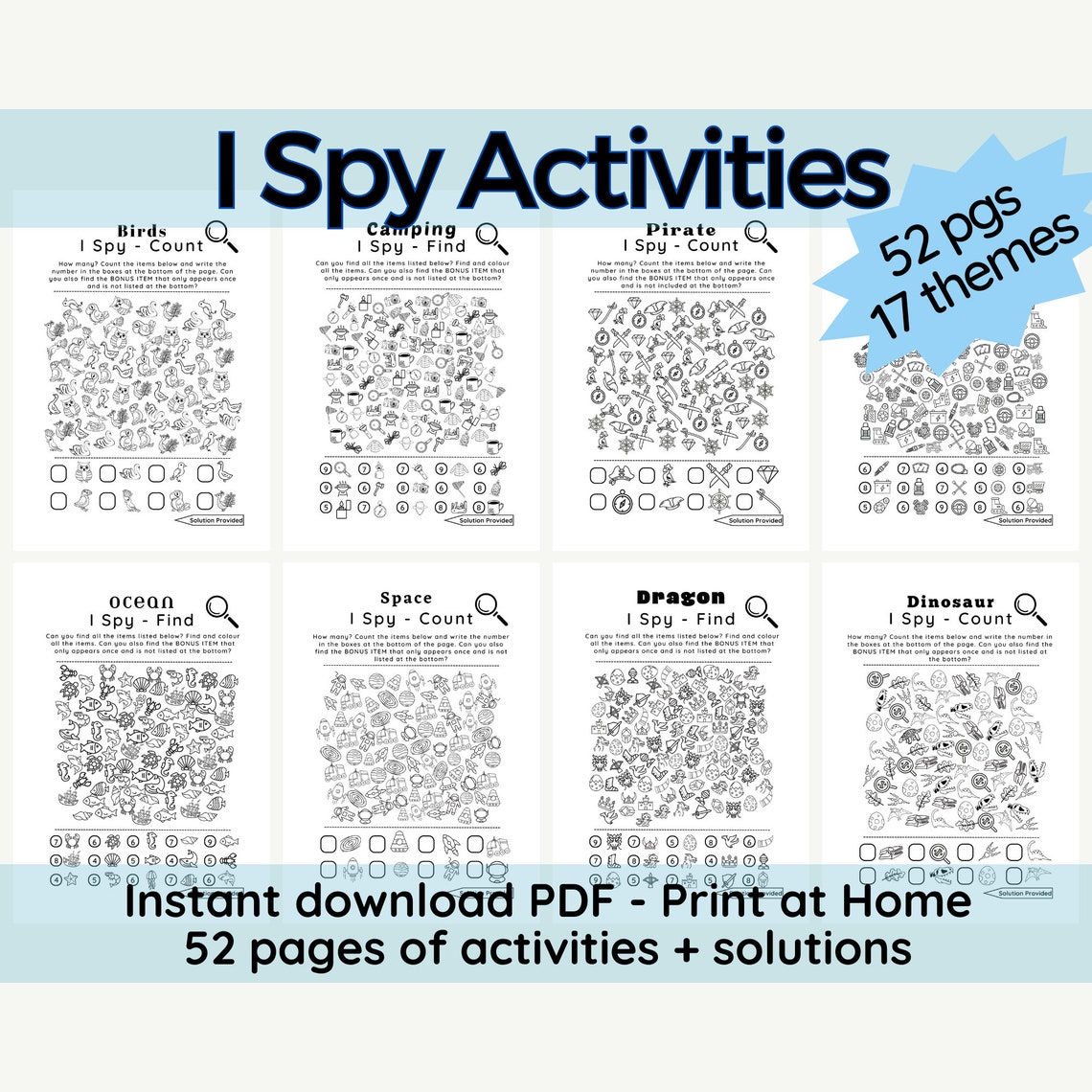 I SPY Printable Activity Pack, Activity Sheet for Kids, I Spy Game ...