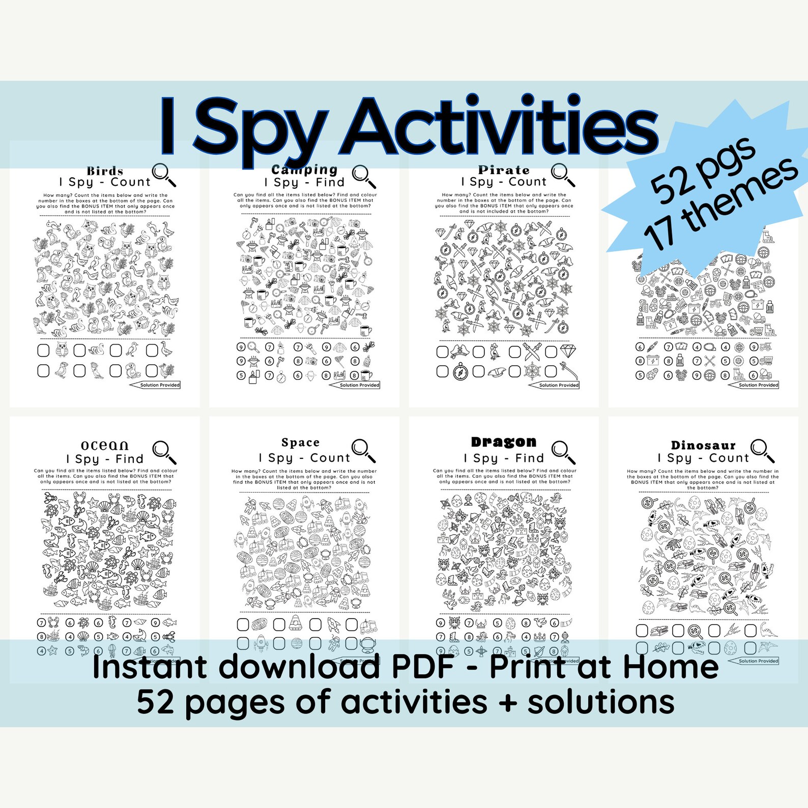 I SPY Printable Activity Pack, Activity Sheet for Kids, I Spy Game ...