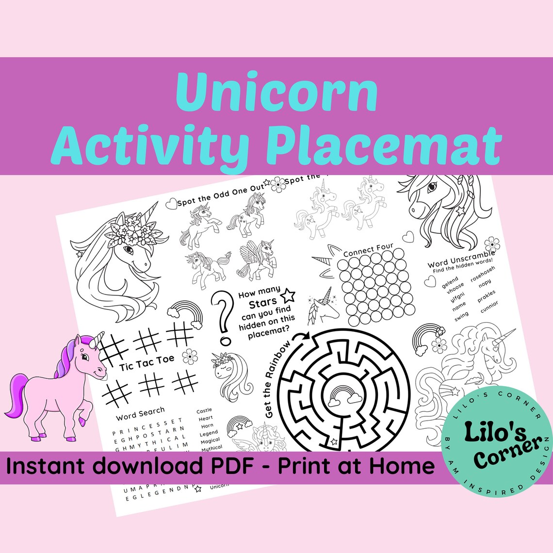UNICORN Printable Activity Placemat, Activities for Kids, Word Find ...