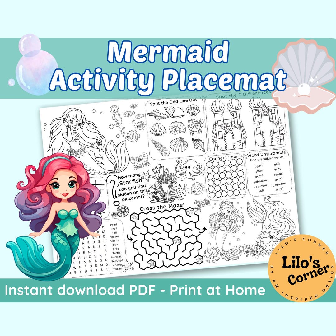 MERMAID Printable Activity Placemat, Activities for Kids, Word Find ...