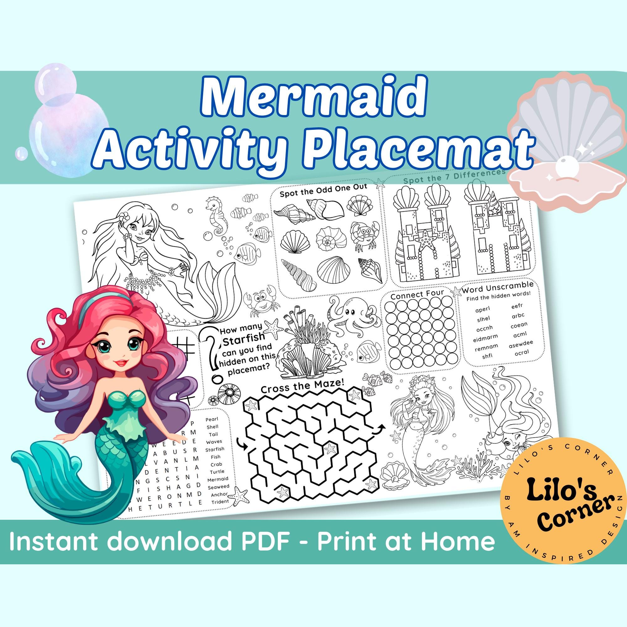 MERMAID Printable Activity Placemat, Activities for Kids, Word Find ...