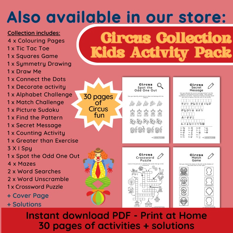 CIRCUS Printable Activity Placemat, Activities for Kids, Word Find ...