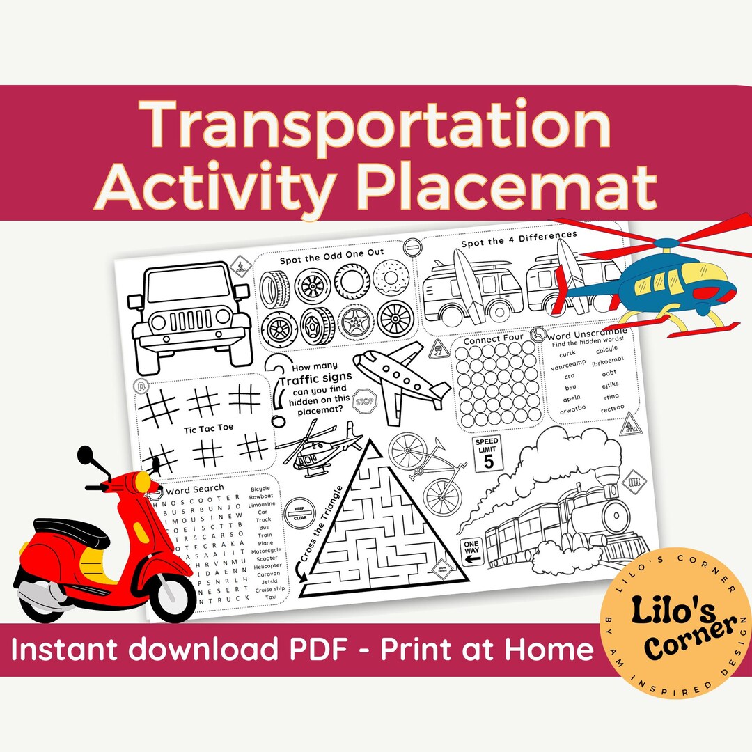 TRANSPORTATION Printable Activity Placemat, Activities for Kids, Word ...