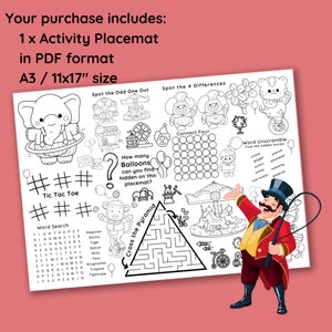 CIRCUS Printable Activity Placemat, Activities for Kids, Word Find ...
