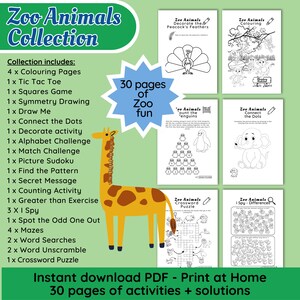 ZOO ANIMALS Kids Activity Pack, Printable Activity for Kids, Word Find ...