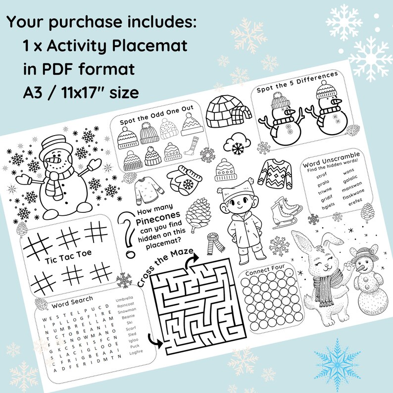 WINTER Printable Activity Placemat, Activities for Kids, Word Find ...