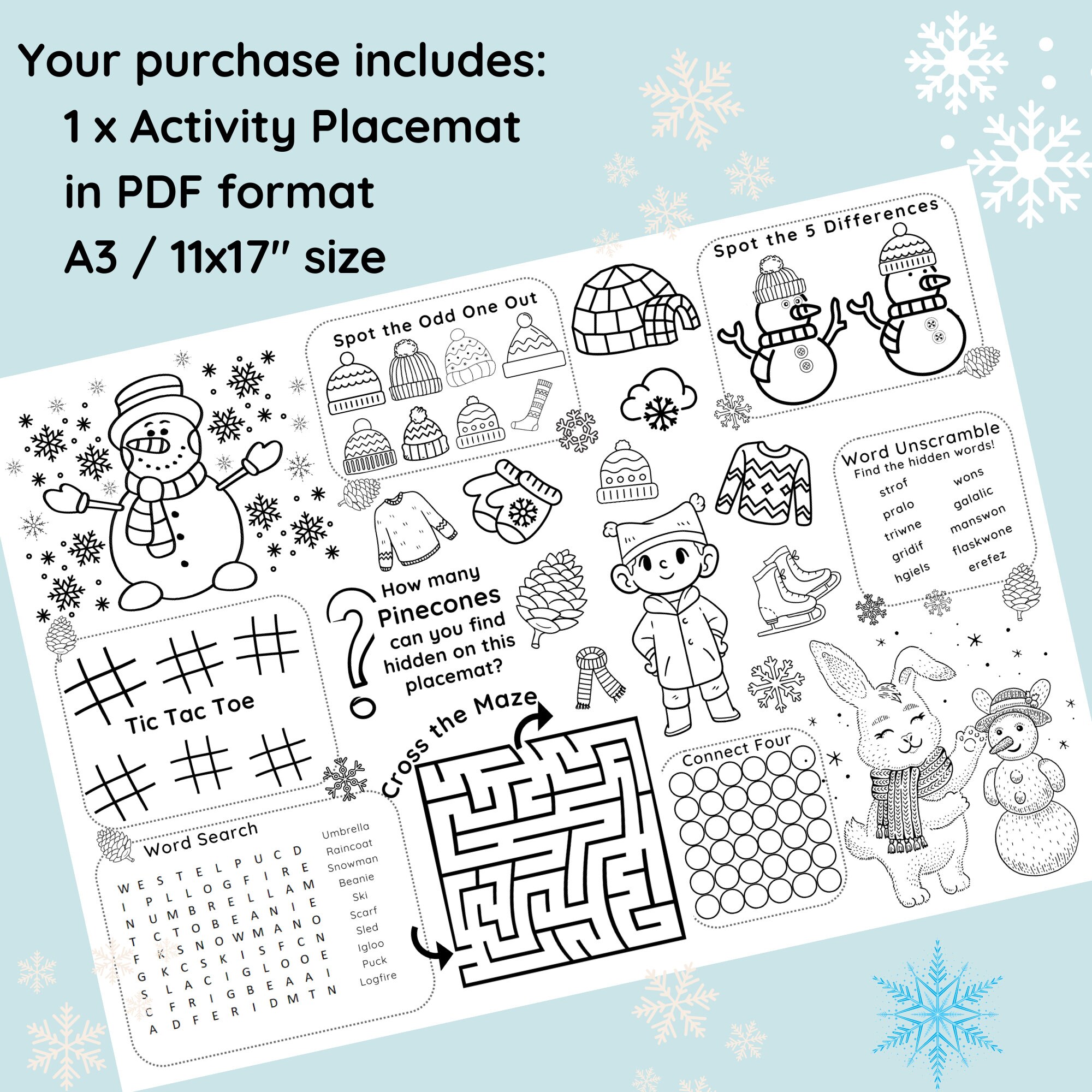 WINTER Printable Activity Placemat, Activities for Kids, Word Find ...