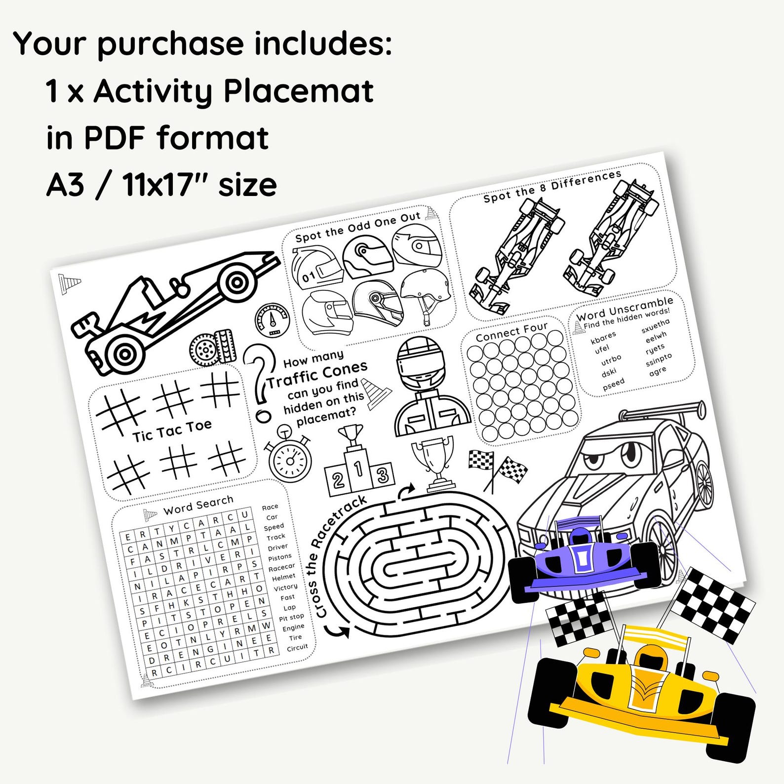 RACECARS, RACING Printable Activity Placemat, Activities for Kids, Word ...