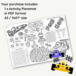 RACECARS, RACING Printable Activity Placemat, Activities for Kids, Word ...