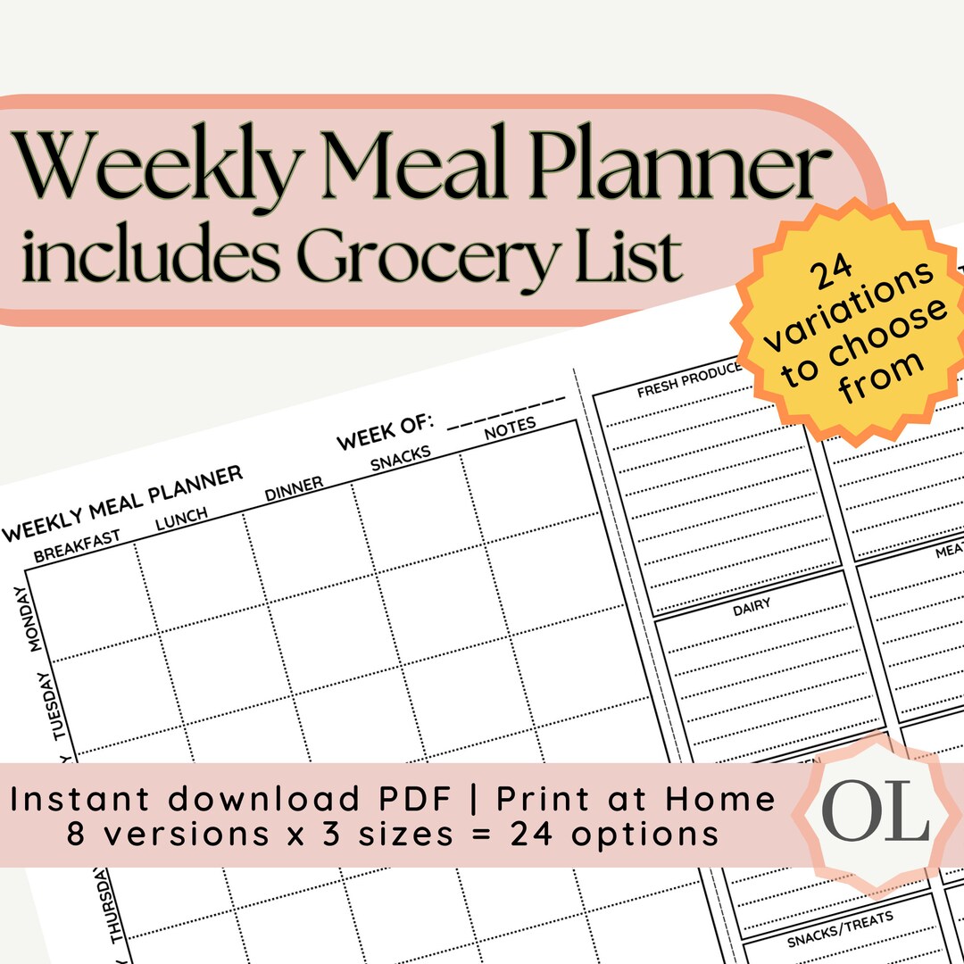 Weekly Meal Planner With Grocery List Printable, 4 Variations ...