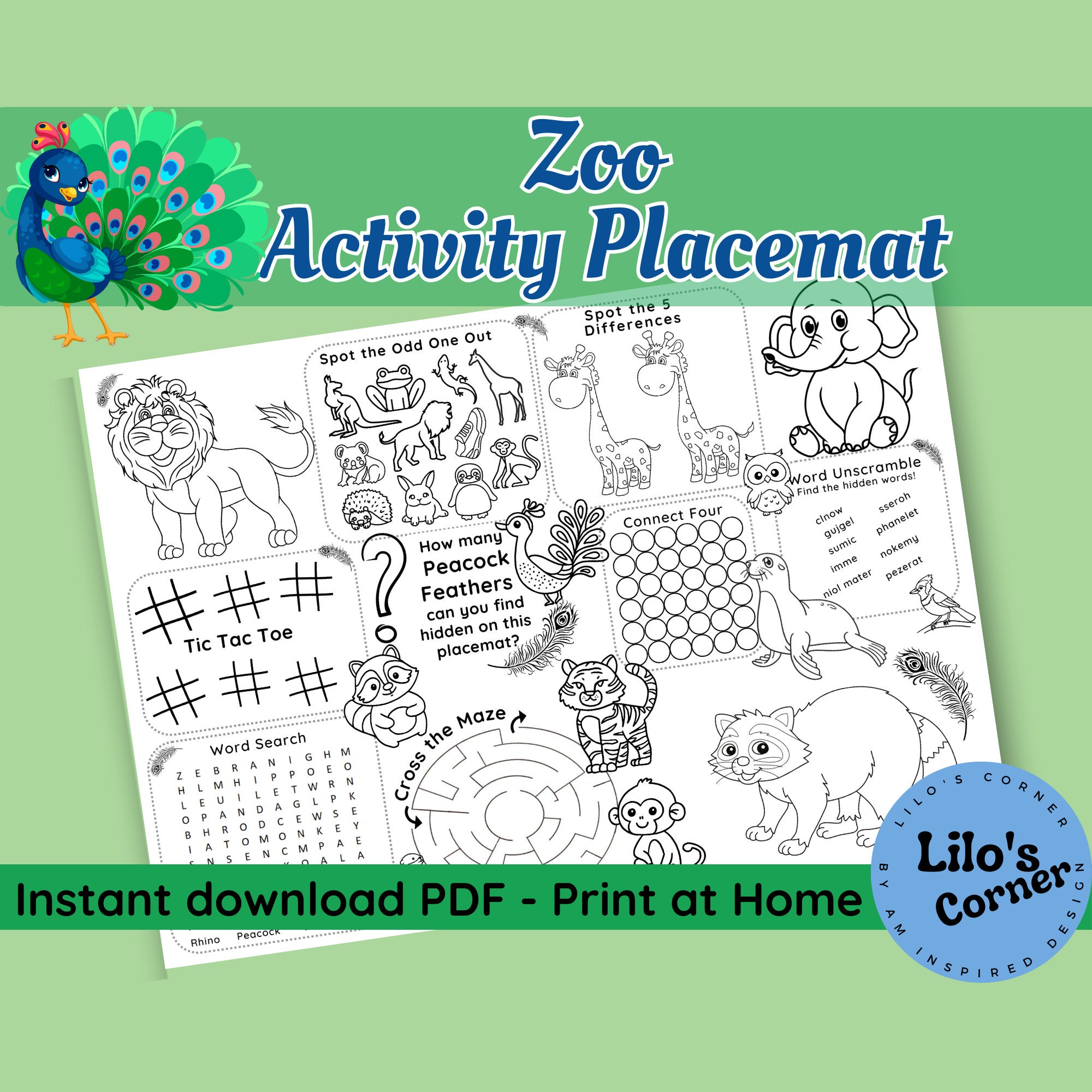 ZOO Printable Activity Placemat, Activities for Kids, Word Find, Mazes ...