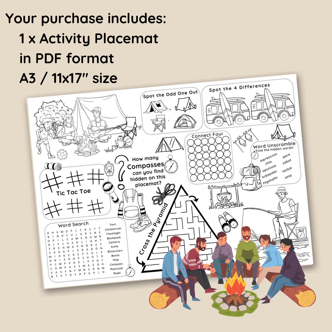 CAMPING Printable Activity Placemat, Activities for Kids, Word Find ...