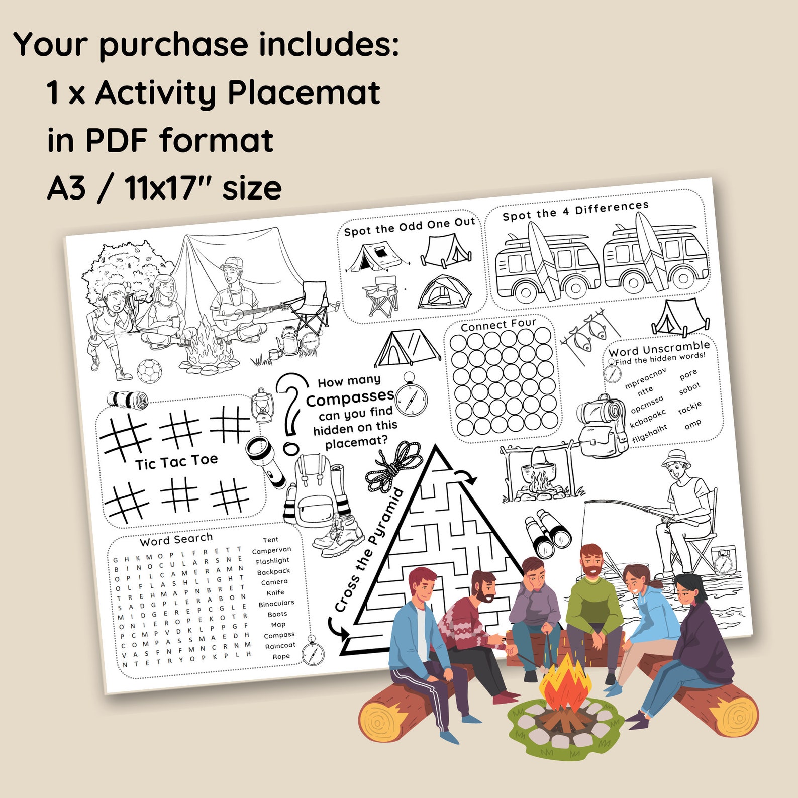 CAMPING Printable Activity Placemat, Activities for Kids, Word Find ...