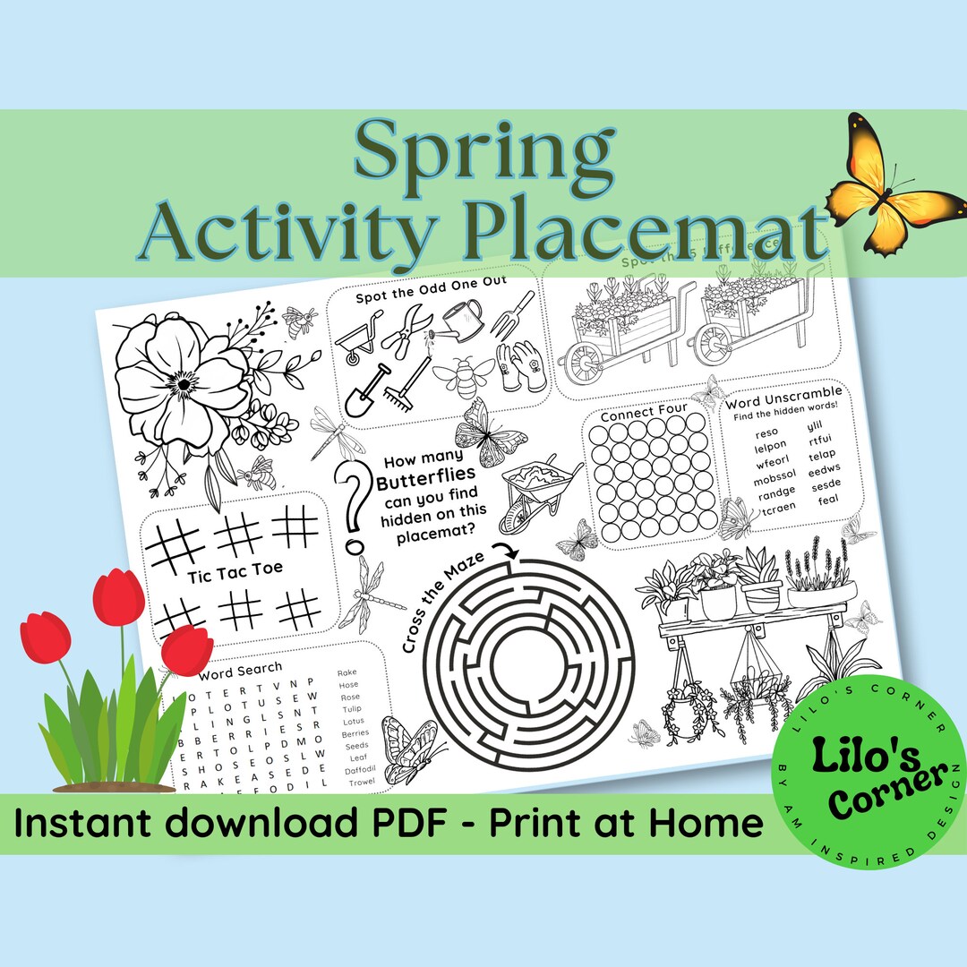 SPRING Printable Activity Placemat, Activities for Kids, Word Find ...