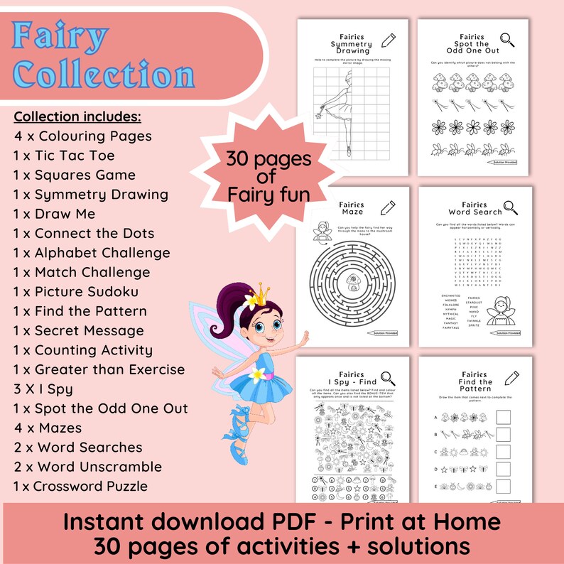 FAIRY Kids Activity Pack, Activity for Kids, Summer Activity, Word Find ...