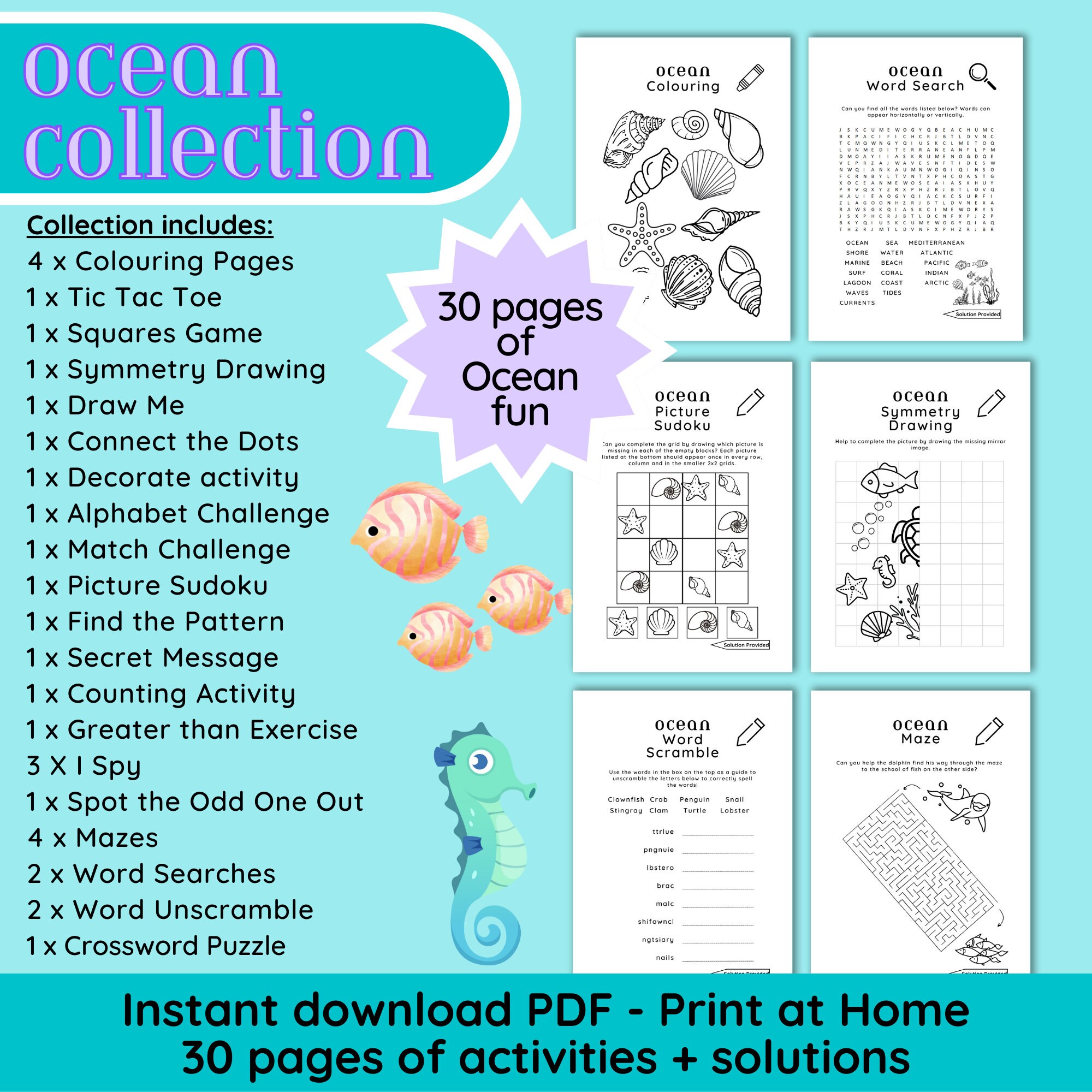 OCEAN Kids Activity Pack, Activity for Kids, Summer Activity, Word Find ...