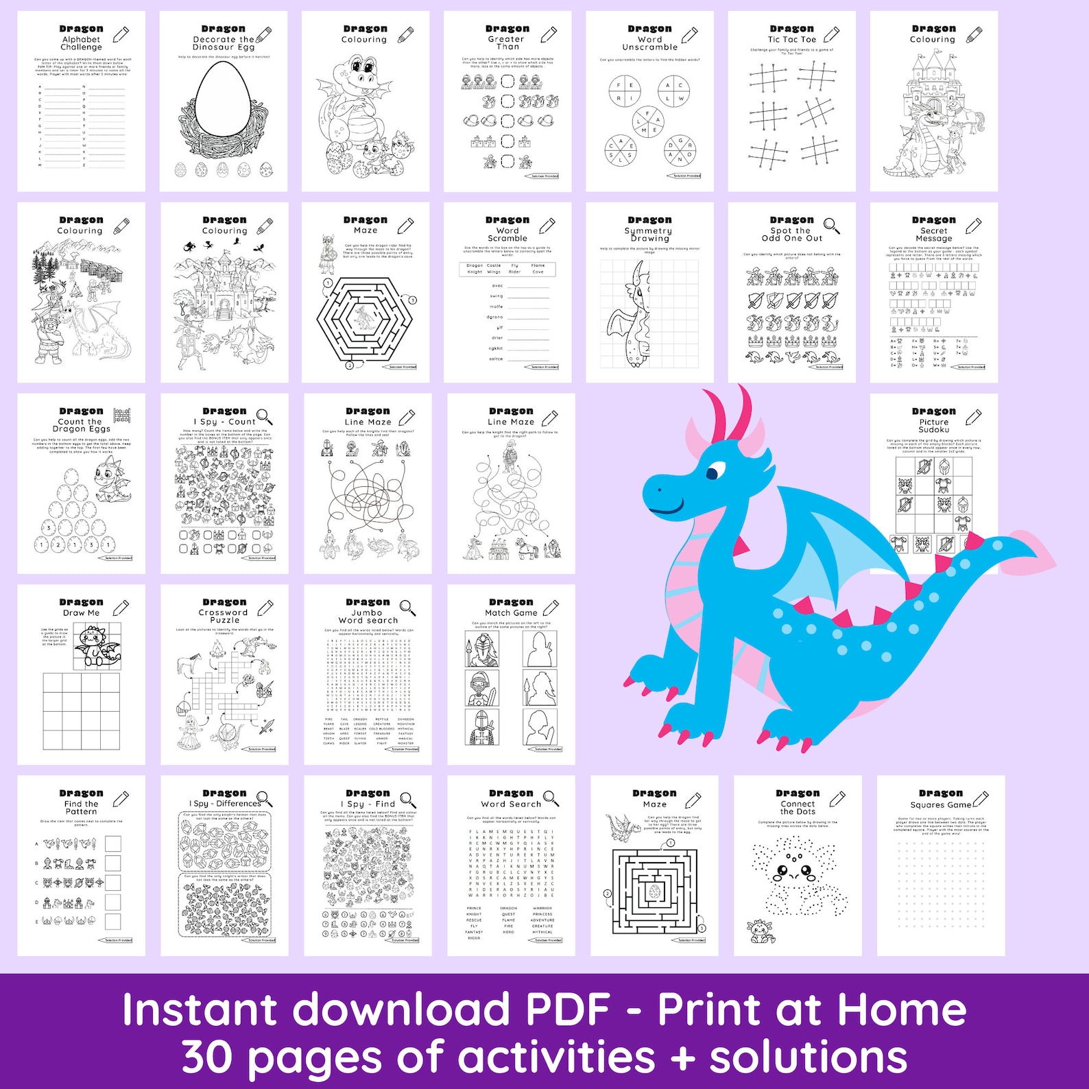 DRAGON Kids Activity Pack, Activity Sheet for Kids, Coloring Pages, I ...