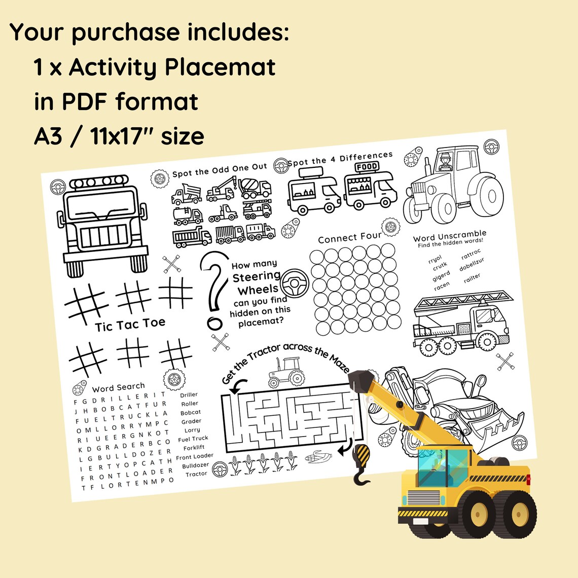 TRUCKS Printable Activity Placemat, Activities for Kids, Word Find ...