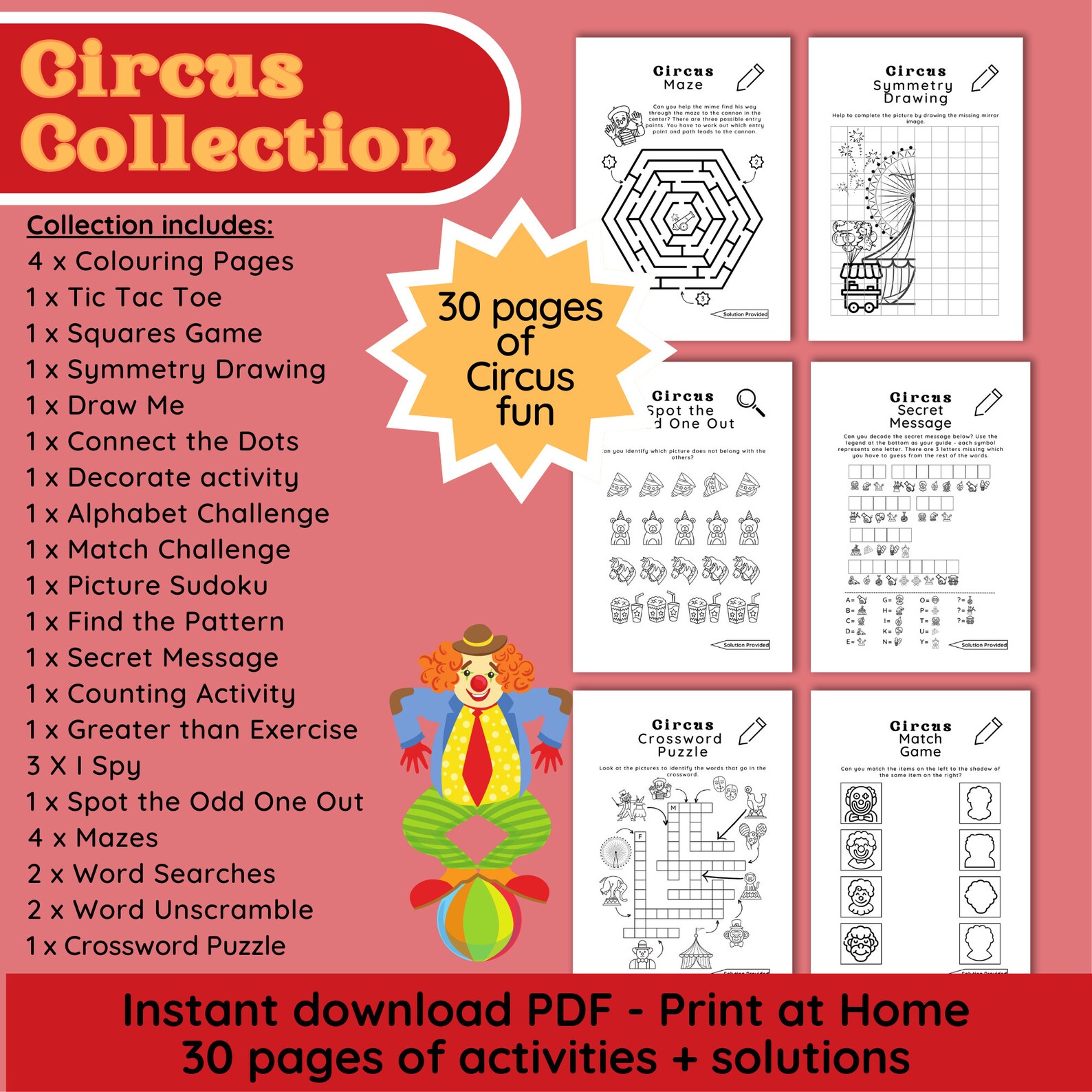 CIRCUS Kids Activity Pack, Activity for Kids, Summer Activity, Word ...