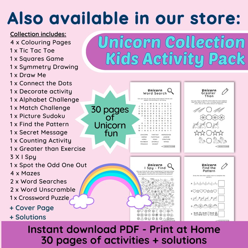 UNICORN Printable Activity Placemat, Activities for Kids, Word Find ...