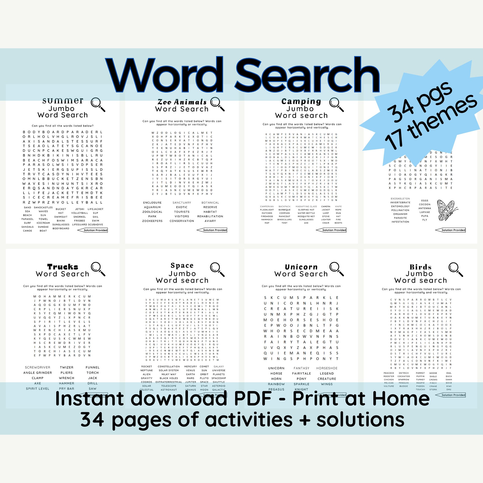 WORD SEARCH Activity Pack, Activity Sheet for Kids, Instant Download ...