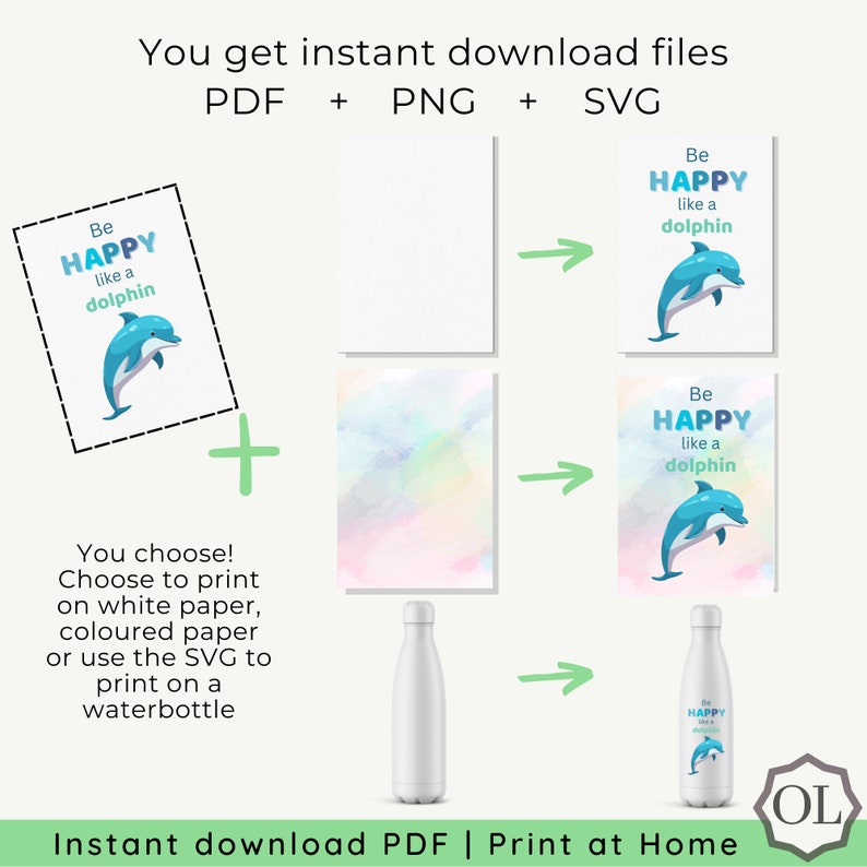 Kids Poster, HAPPY Like a Dolphin Inspirational Quote, Wall Art Print ...