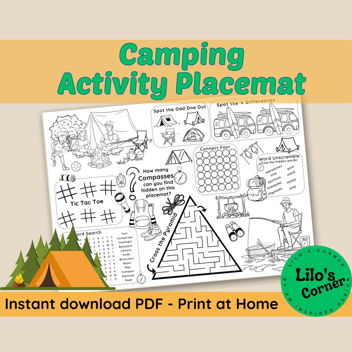 CAMPING Printable Activity Placemat, Activities for Kids, Word Find ...