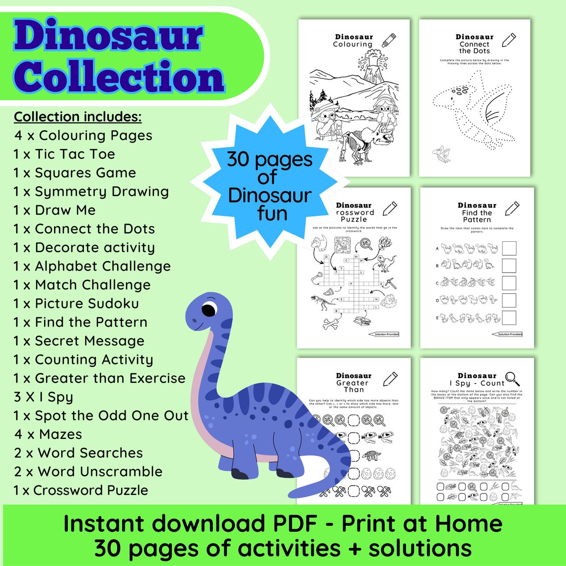 DINOSAUR Kids Activity Pack, Activity Sheet for Kids, Coloring Pages, I ...