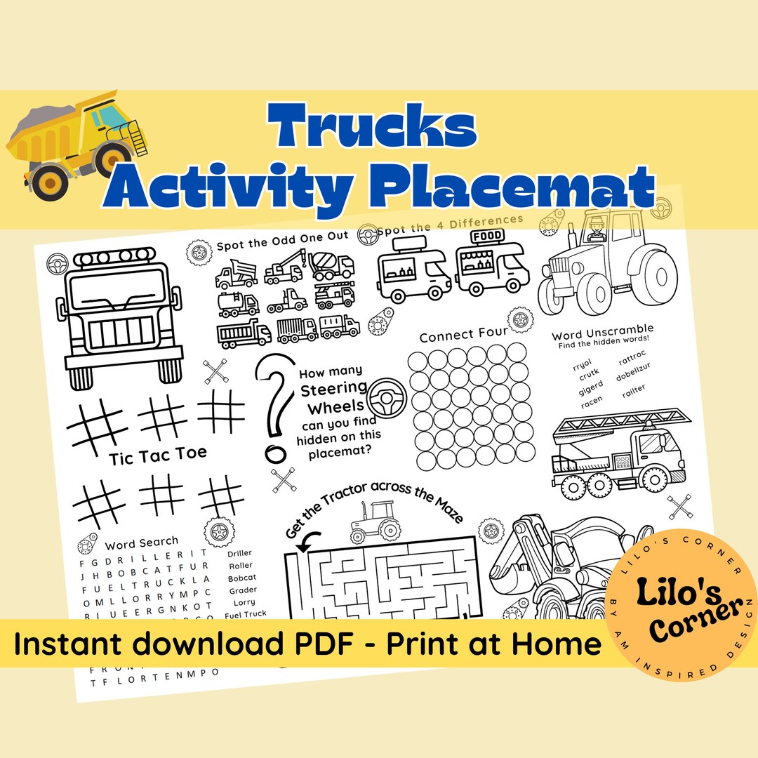 TRUCKS Printable Activity Placemat, Activities for Kids, Word Find ...