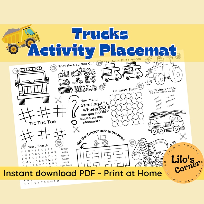 TRUCKS Printable Activity Placemat, Activities for Kids, Word Find ...