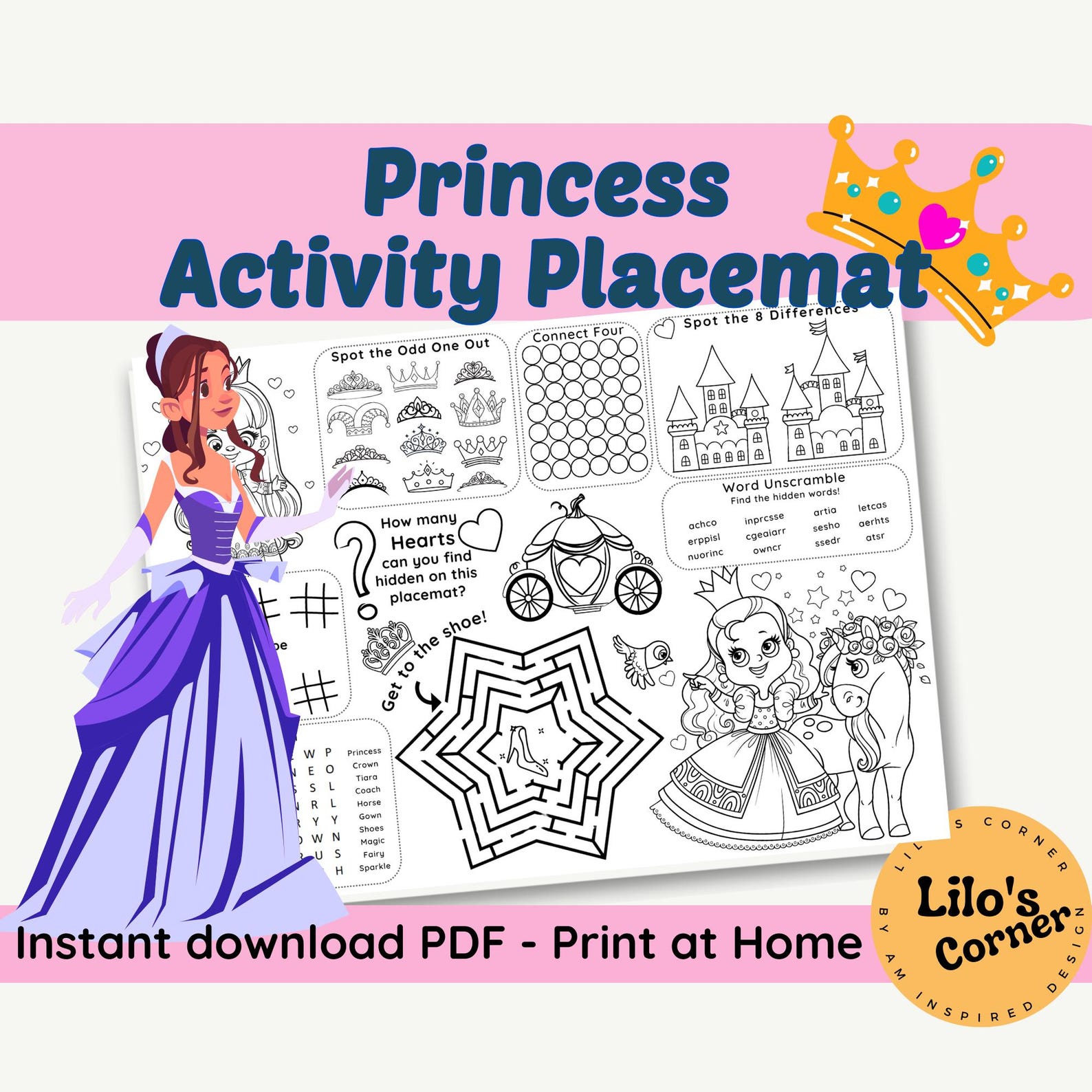 PRINCESS Printable Activity Placemat, Activities for Kids, Word Find ...