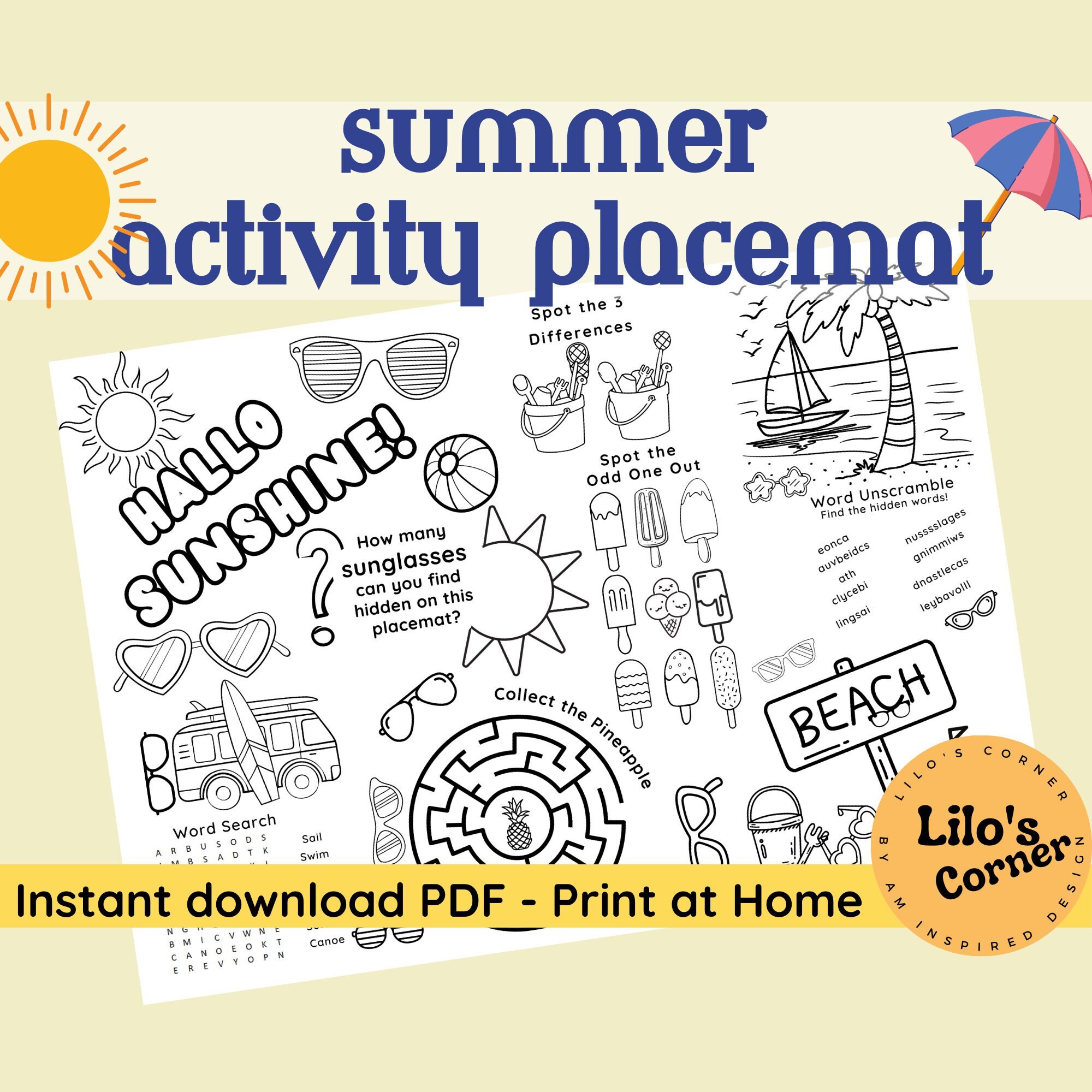 SUMMER Printable Activity Placemat, Activities for Kids, Word Find ...