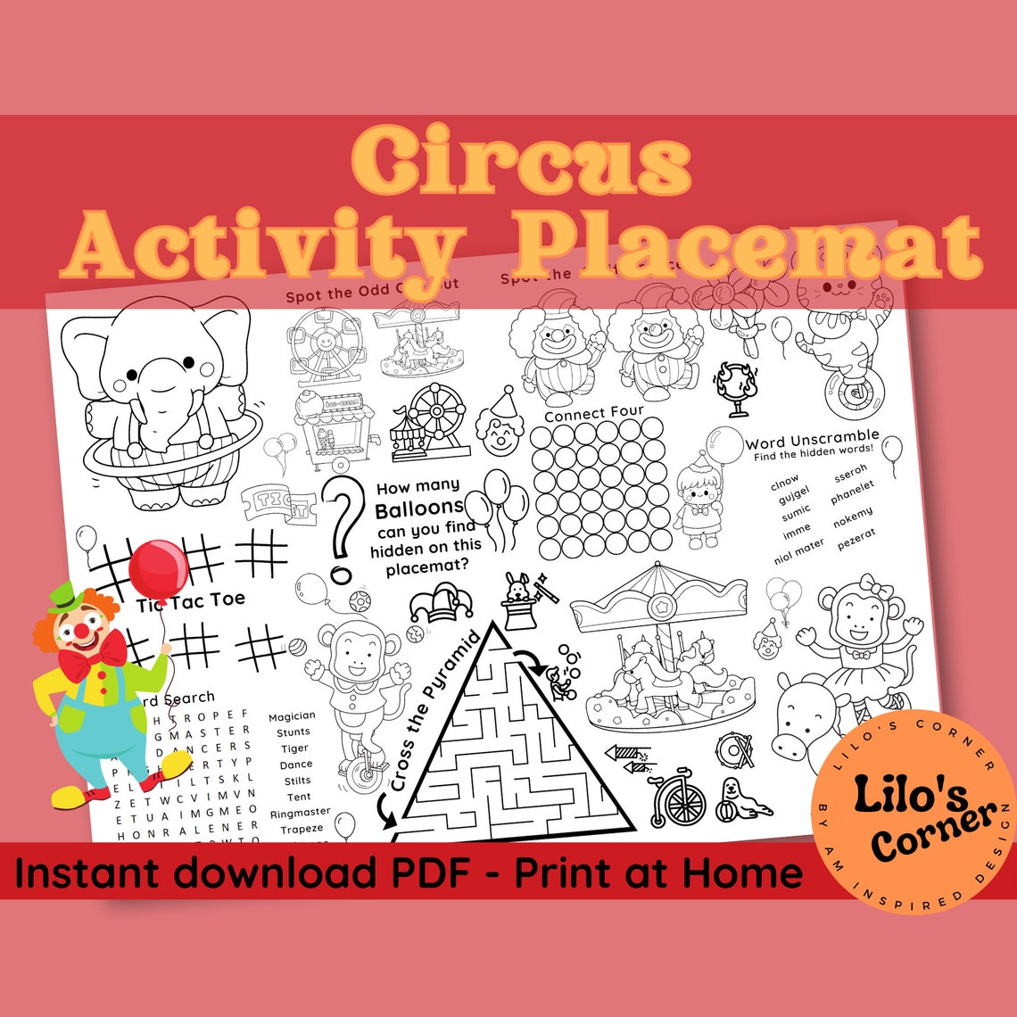 CIRCUS Printable Activity Placemat, Activities for Kids, Word Find ...