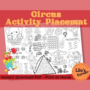 CIRCUS Printable Activity Placemat, Activities for Kids, Word Find ...