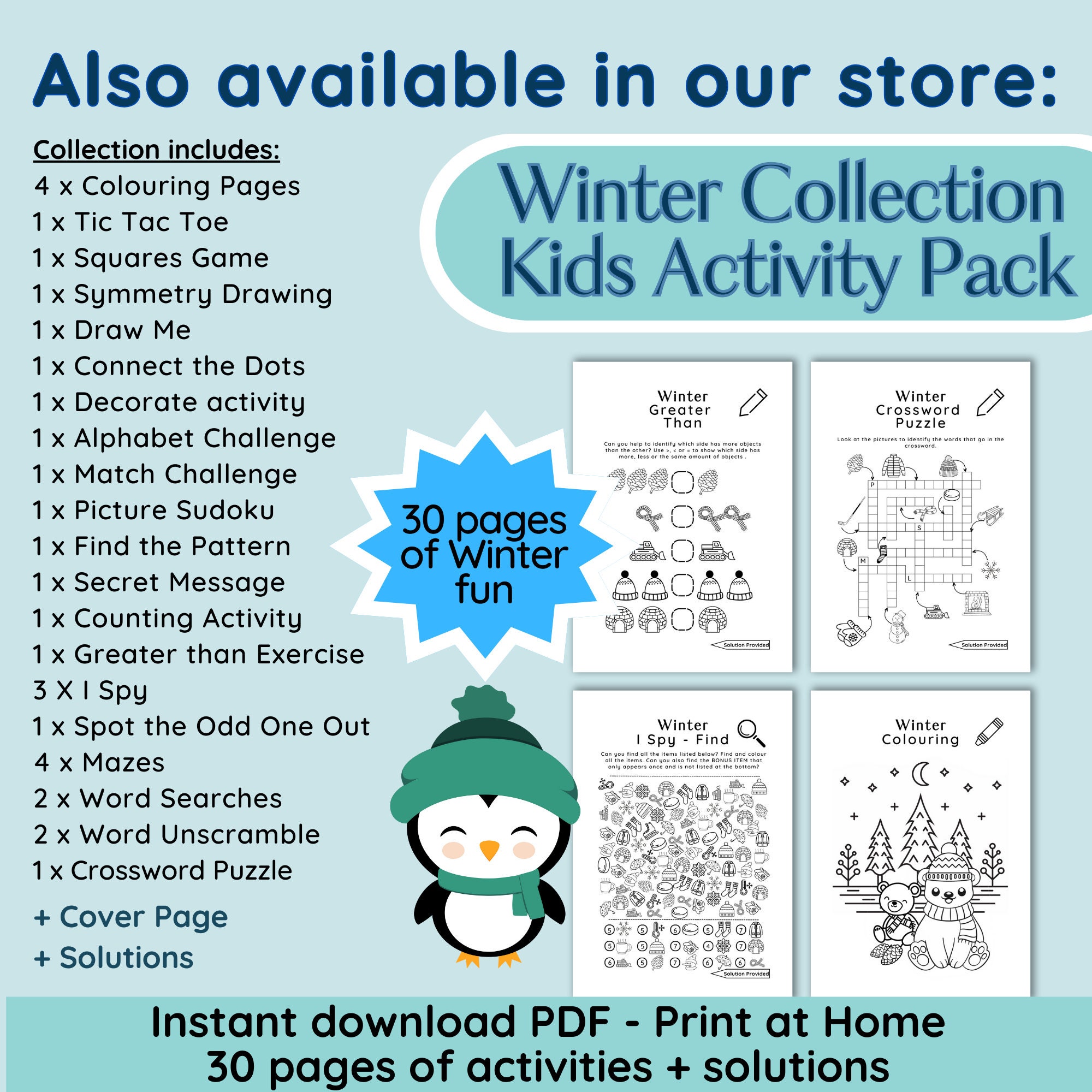 WINTER Printable Activity Placemat, Activities for Kids, Word Find ...