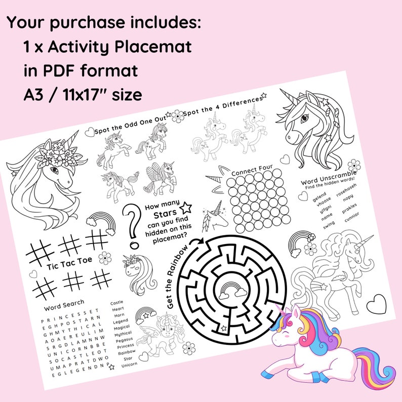 UNICORN Printable Activity Placemat, Activities for Kids, Word Find ...