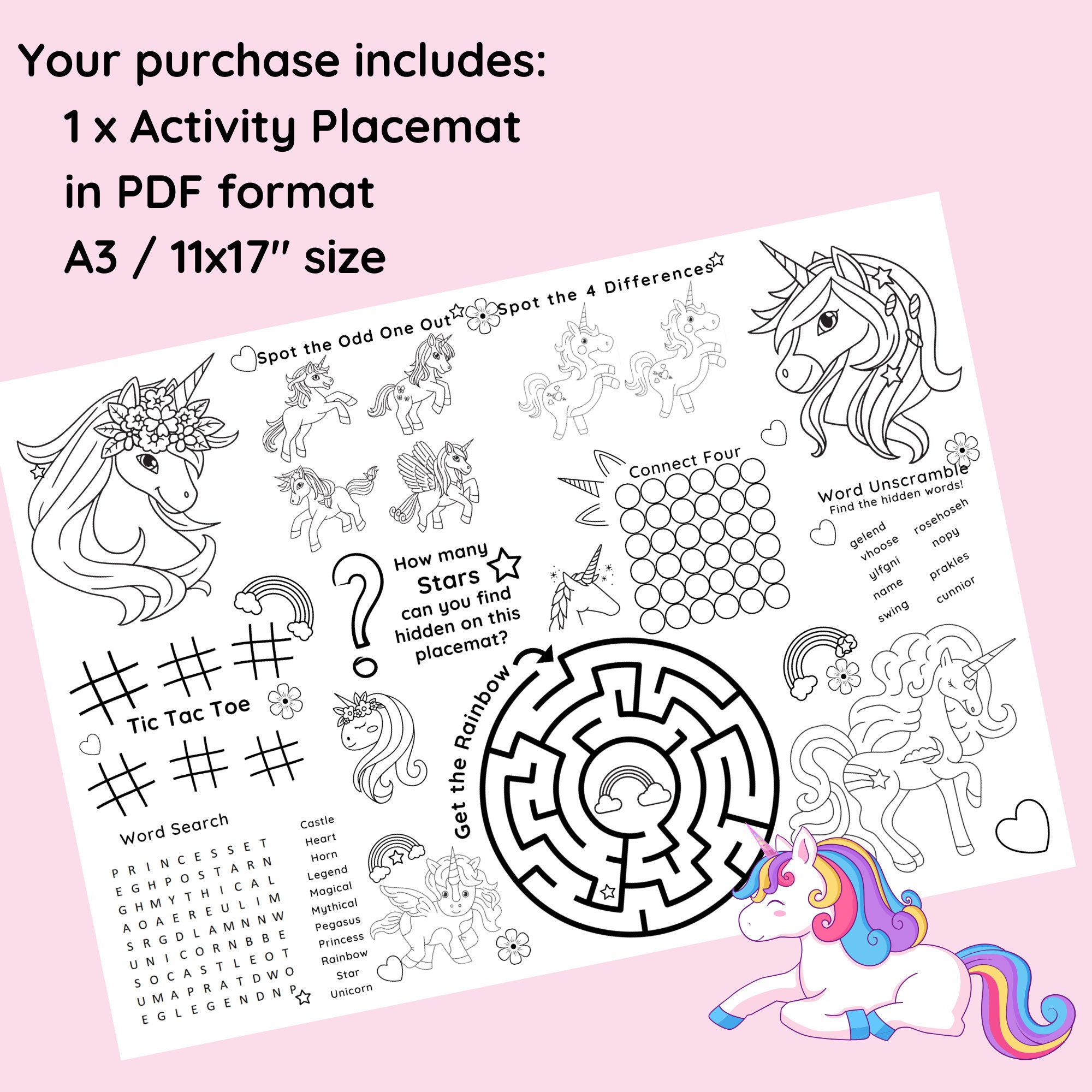 UNICORN Printable Activity Placemat, Activities for Kids, Word Find ...
