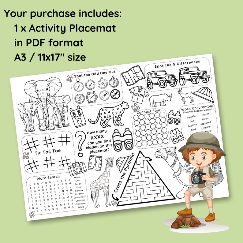SAFARI Printable Activity Placemat, Activities for Kids, Word Find ...