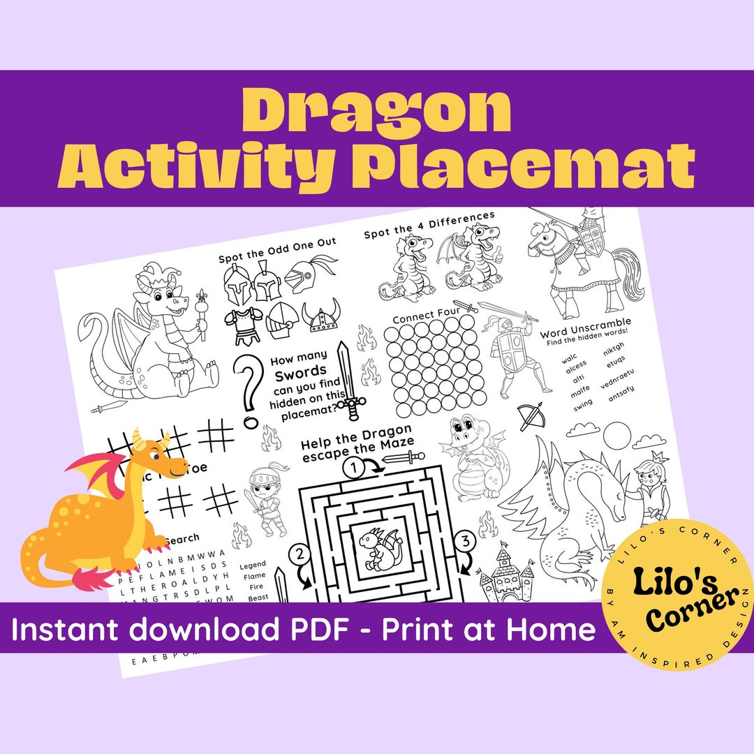 DRAGON Printable Activity Placemat, Activities for Kids, Word Find ...