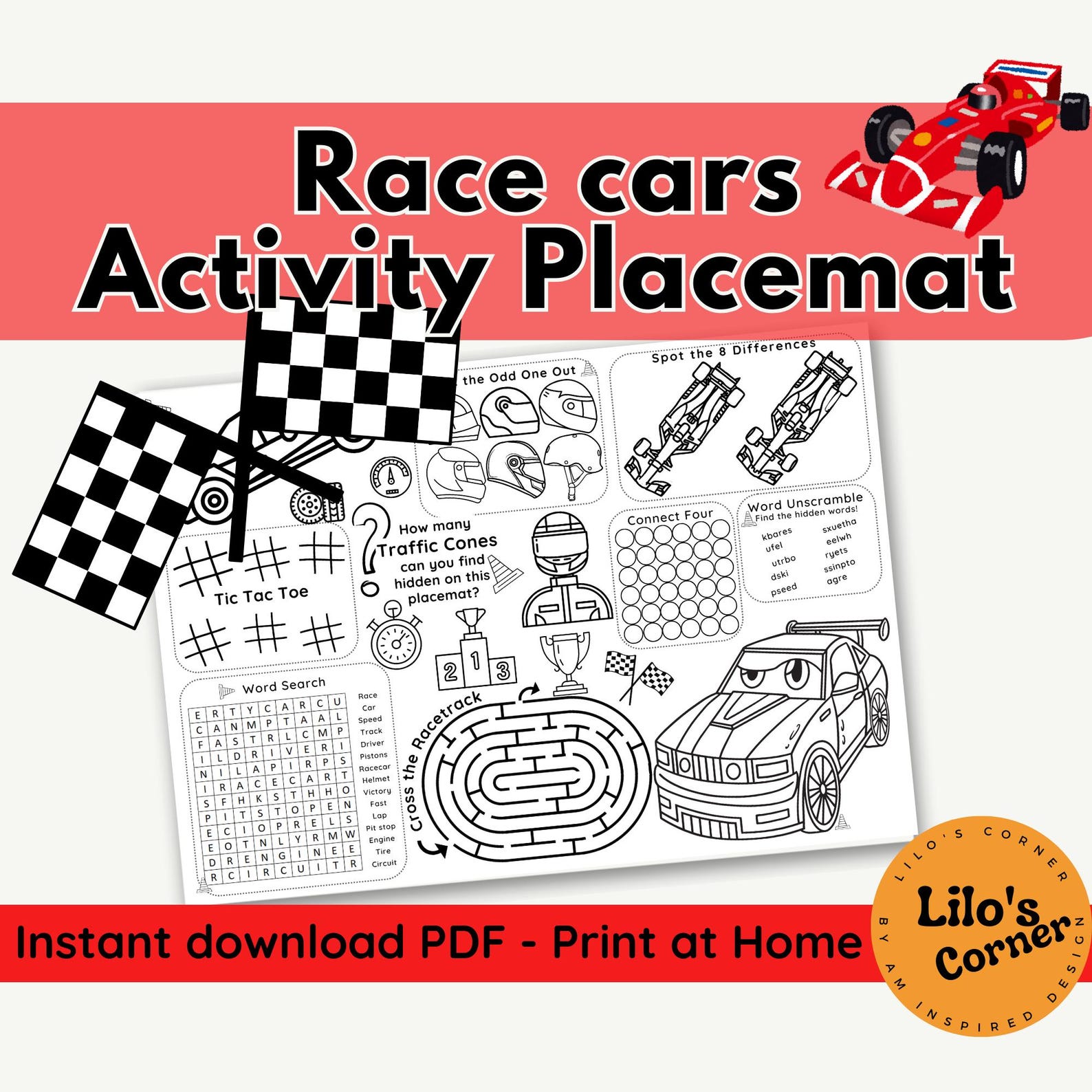 RACECARS, RACING Printable Activity Placemat, Activities for Kids, Word ...