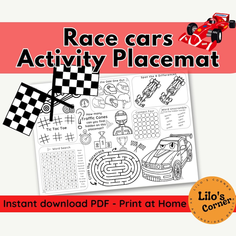 RACECARS, RACING Printable Activity Placemat, Activities for Kids, Word ...