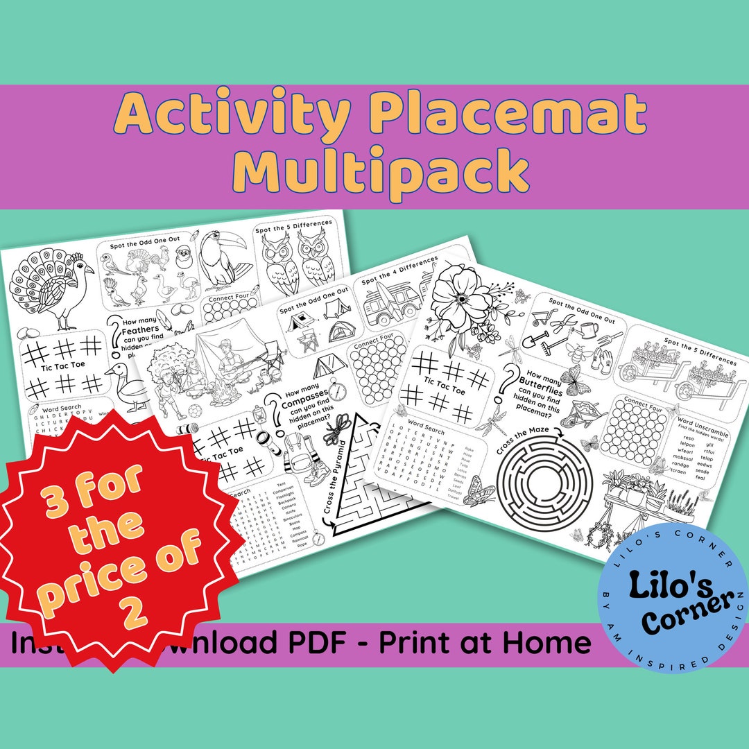 MULTIPACK Printable Activity Placemat, Activities for Kids, Word Find ...