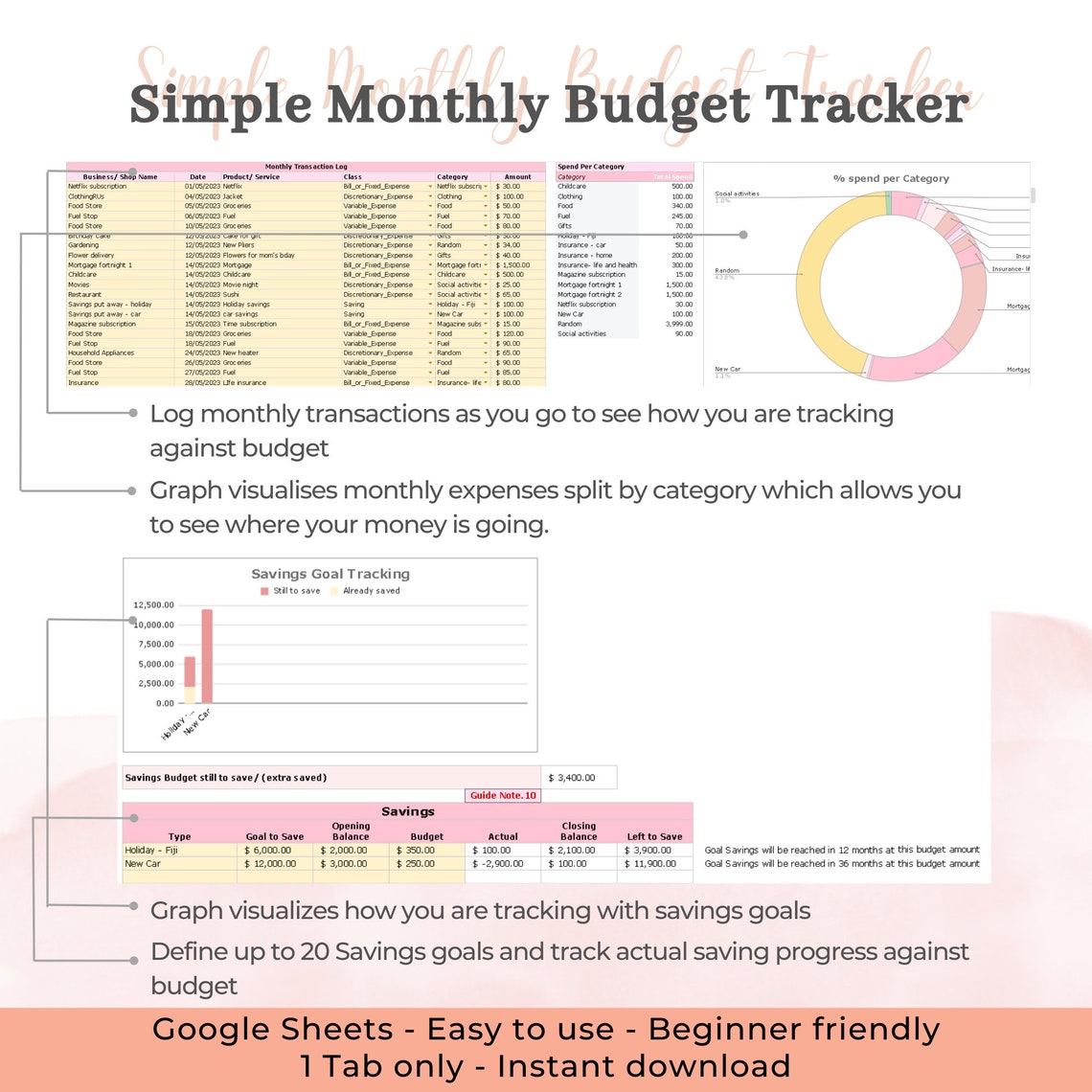 Simple Monthly Budget Tracker, Budget by Paycheck or Bi-weekly Budget ...
