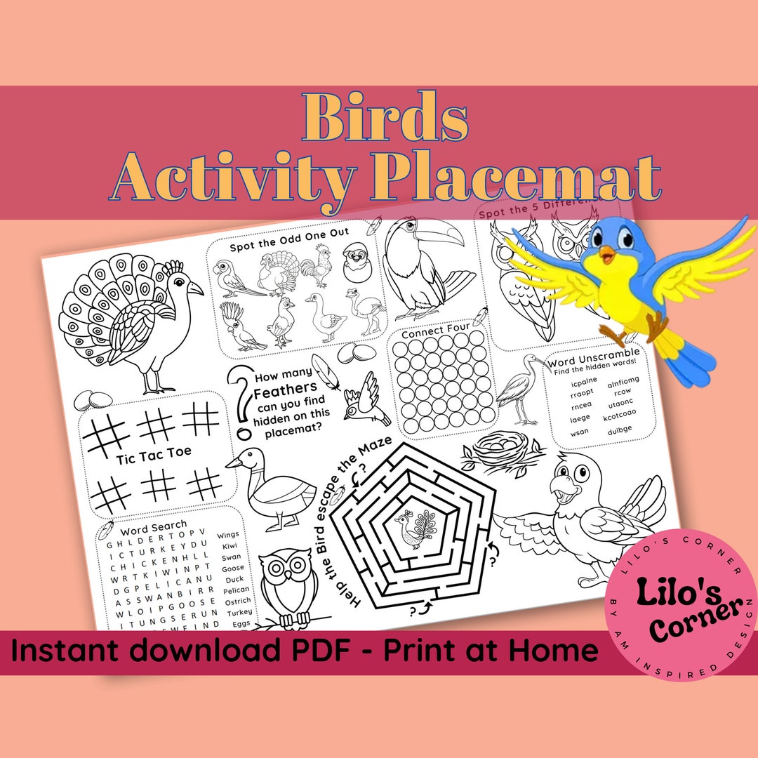 BIRDS Printable Activity Placemat, Activities for Kids, Word Find ...